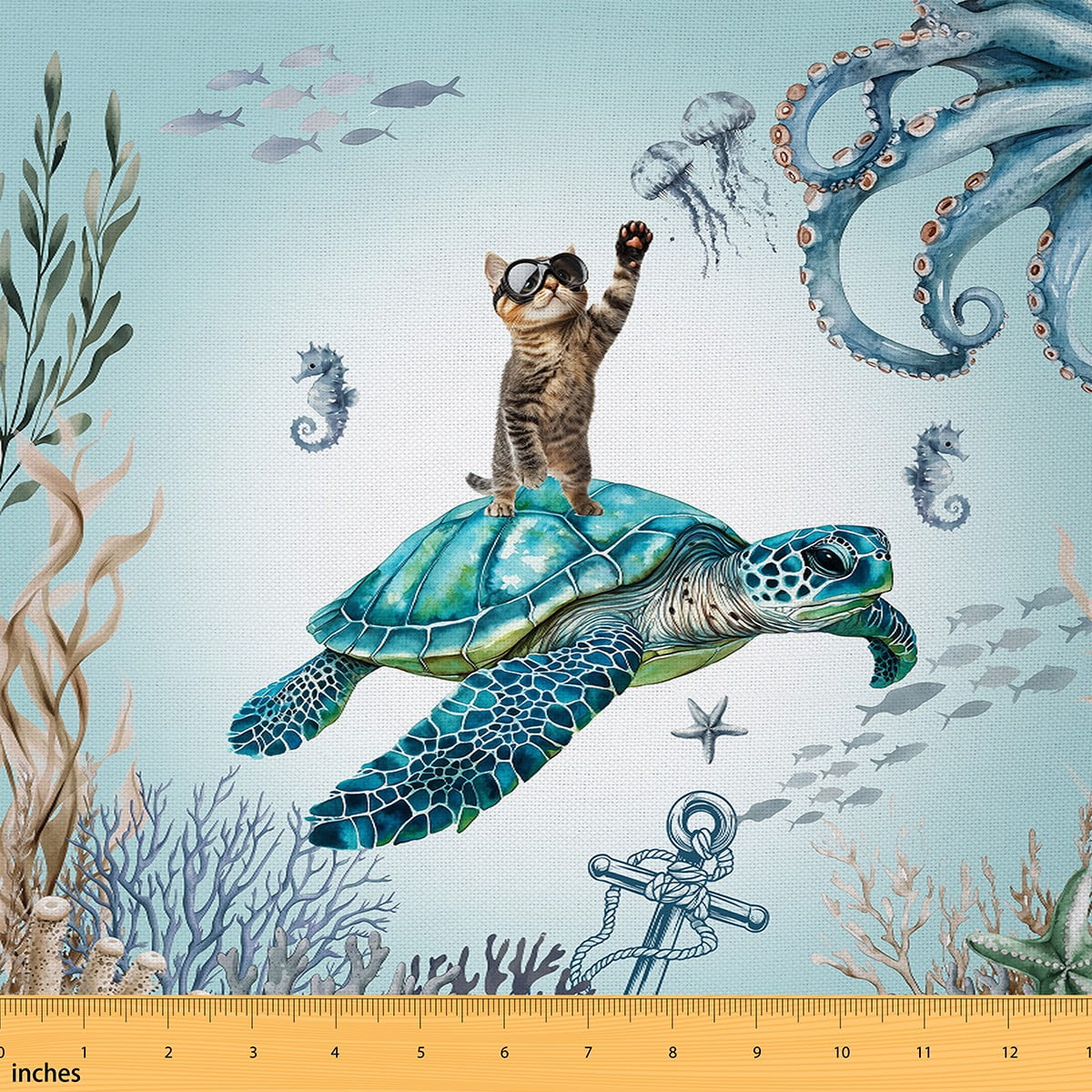 Castle Fairy Funny Cat Riding Sea Turtle Fabric by the Yard 5 Yards ...