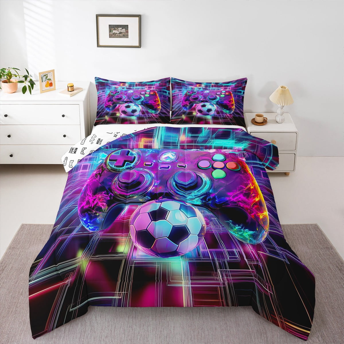 Castle Fairy Gamer Full Size Comforter Sets for Adults,Futuristic Plaid ...