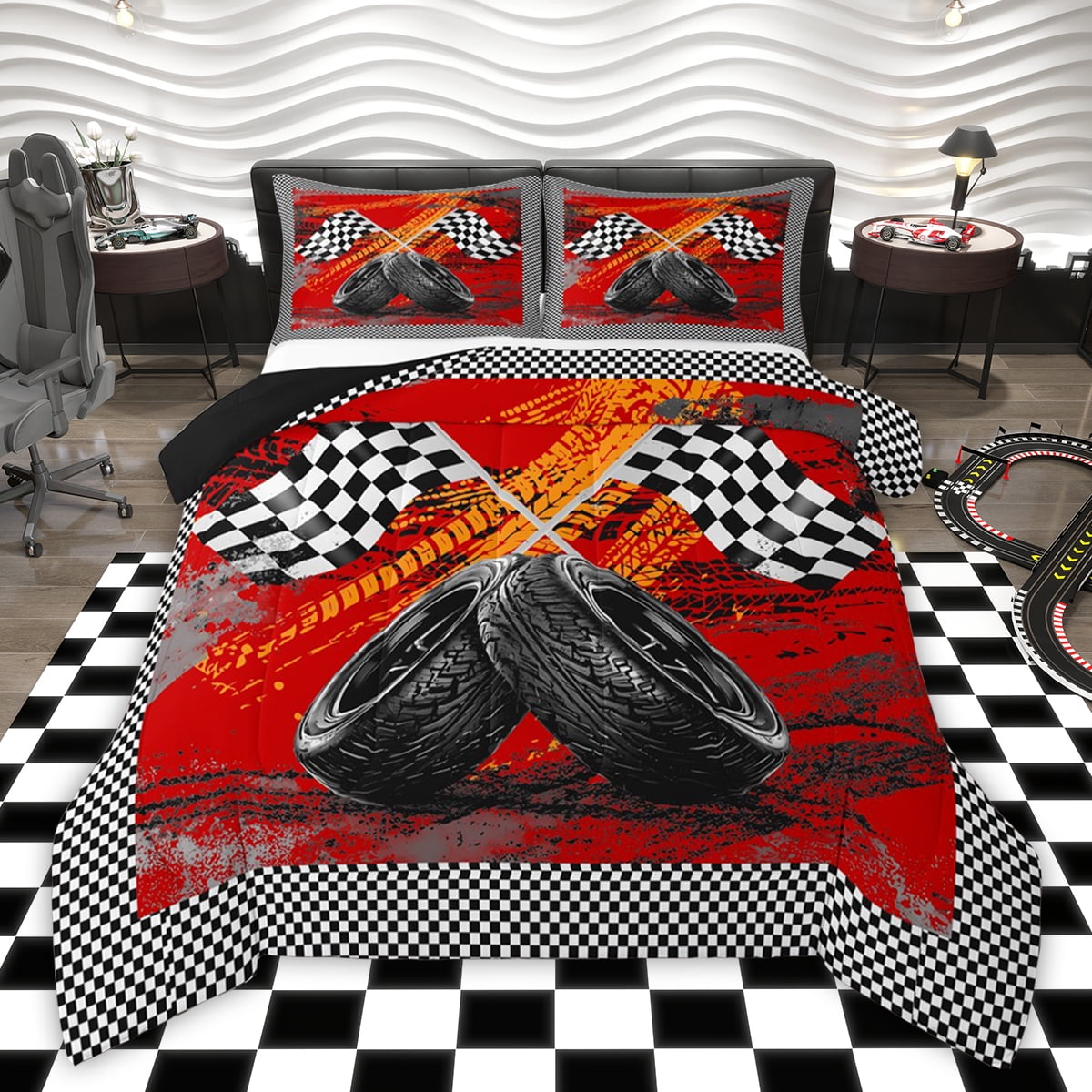 Castle Fairy Geometric Checkered Flag Full Size Comforter Sets,Racing ...