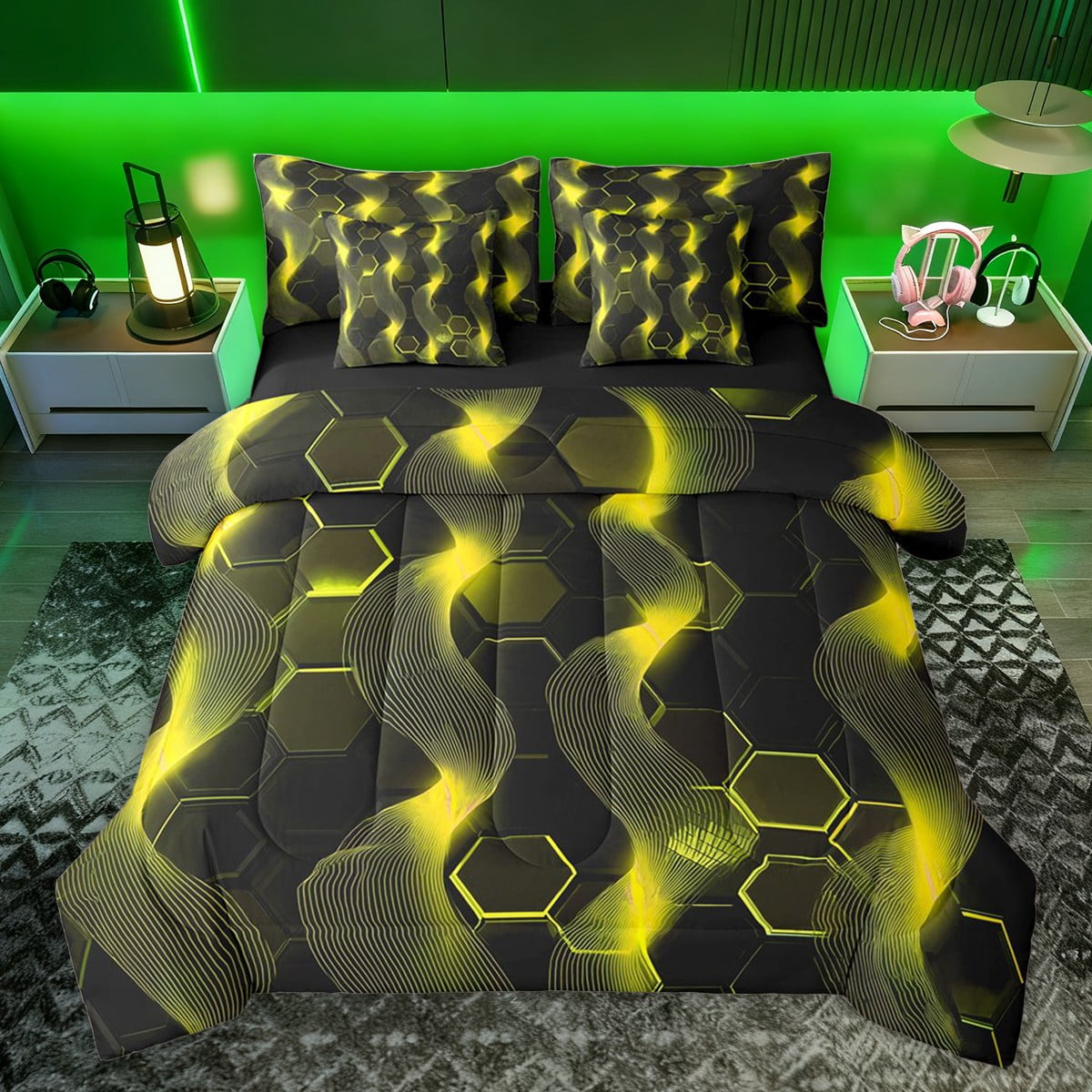 Castle Fairy Geometric Golden Honeycomb Bedding Comforter Set 7 Pieces ...