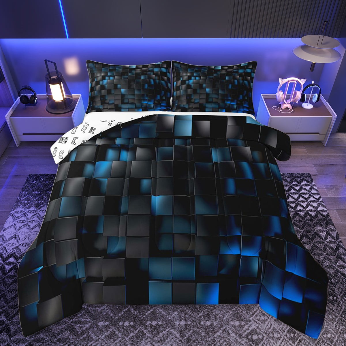 Castle Fairy Geometric Grid Plaid Full Size Comforter Sets 3-Piece for ...