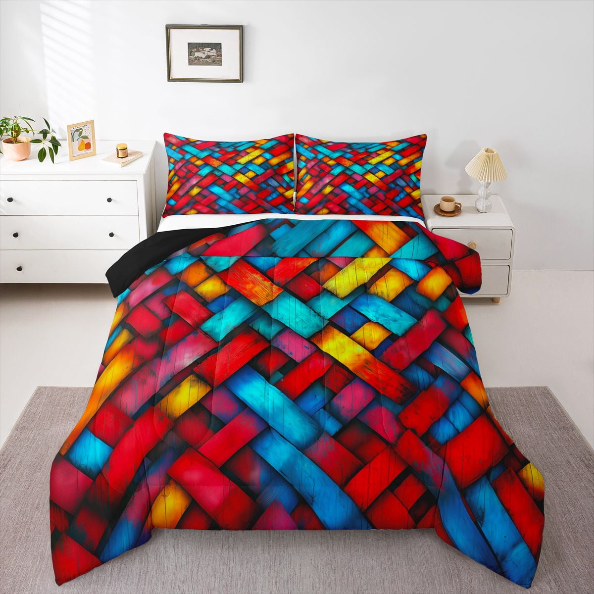 Castle Fairy Geometric Grid Twin Comforter Sets,Vintage Color Contrast ...