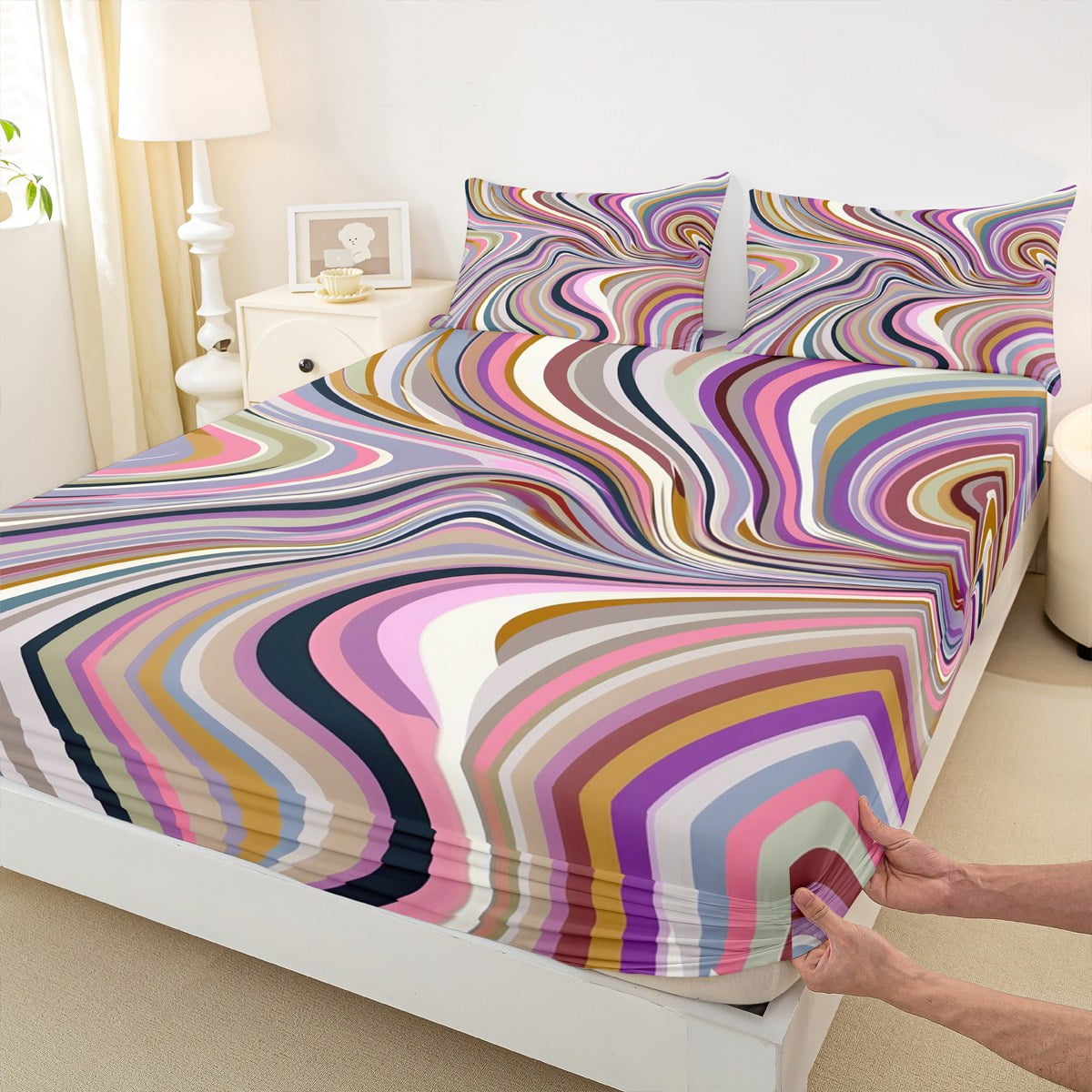 Castle Fairy Geometric Lines 4pcs Bed Sheets,Gradient Stripes King ...