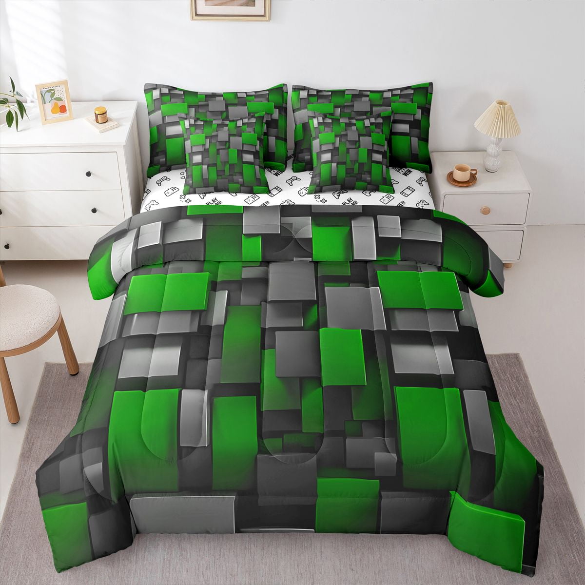Castle Fairy Geometric Plaid Bedding Comforter Set,Black Green Grid ...