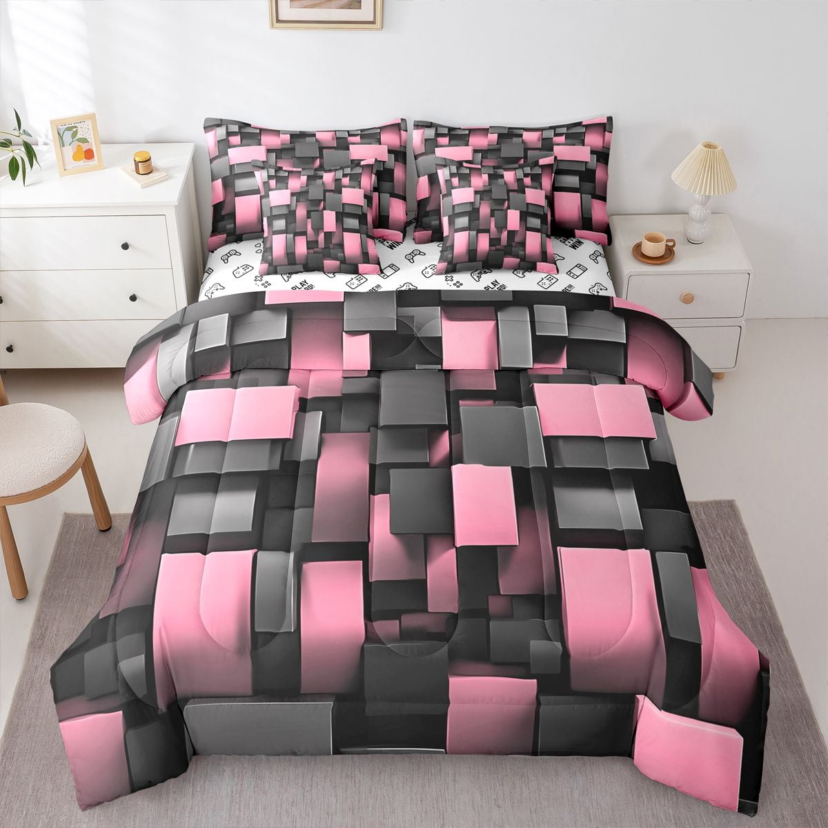 Castle Fairy Geometric Plaid Bedding Comforter Set,Black Pink Grid King ...