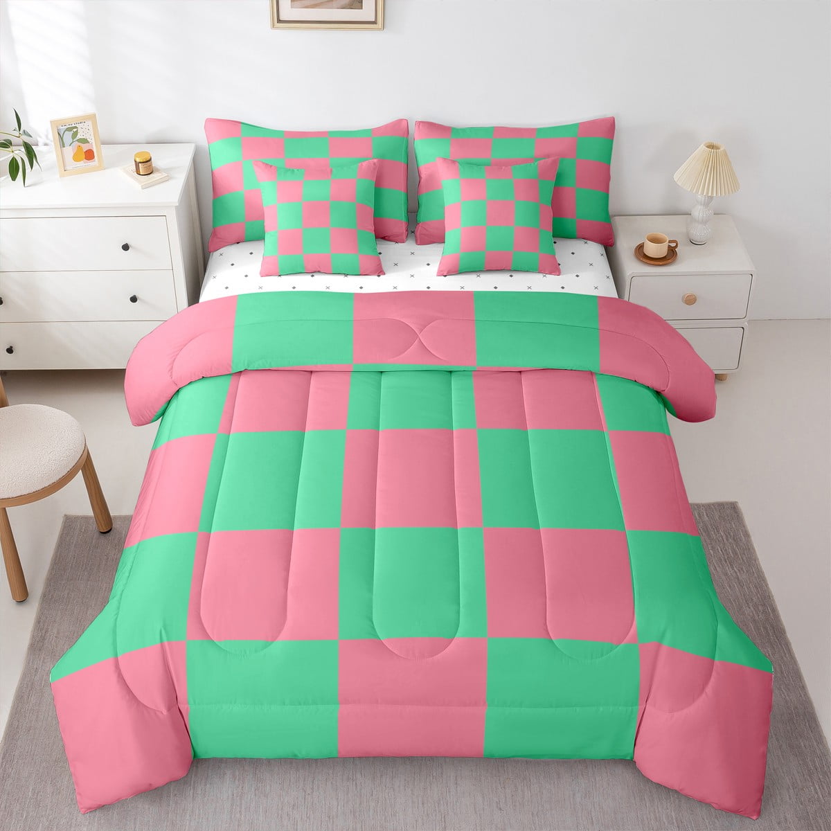 Castle Fairy Geometric Plaid Bedding Comforter Set,Green Pink Queen ...