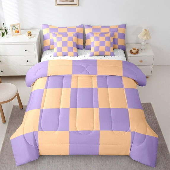 Castle Fairy Geometric Plaid Bedding Comforter Set,Purple Pink Queen ...