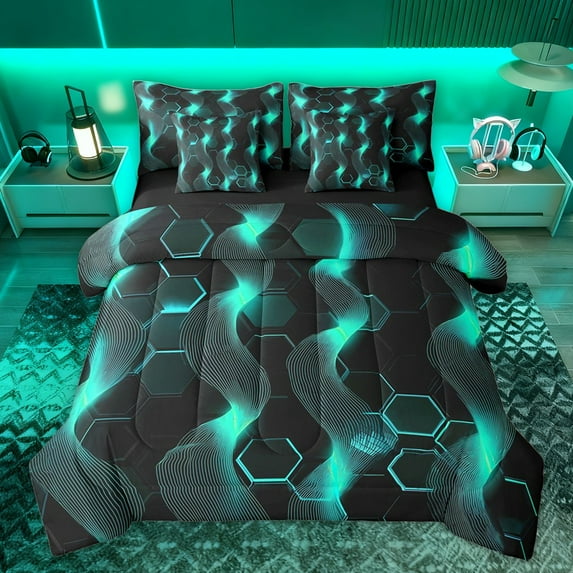 Castle Fairy Geometric Teal Honeycomb Bedding Comforter Set 7pcs for ...