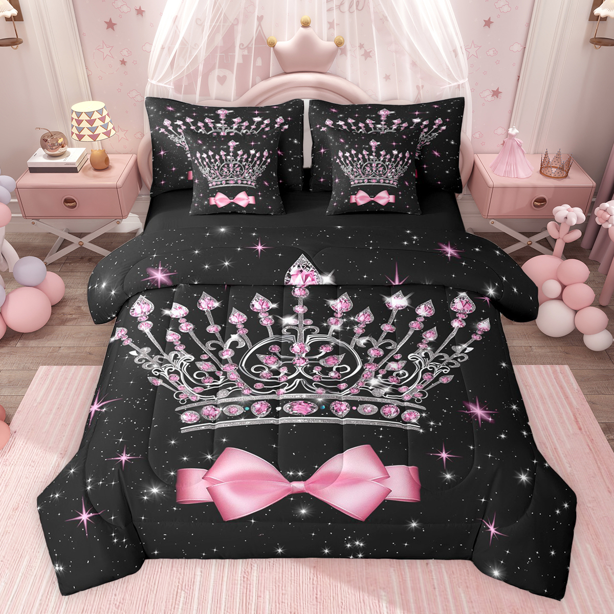 Castle Fairy Girls Bling Pink Crystal Crown Bedding Comforter Set 7pcs ...