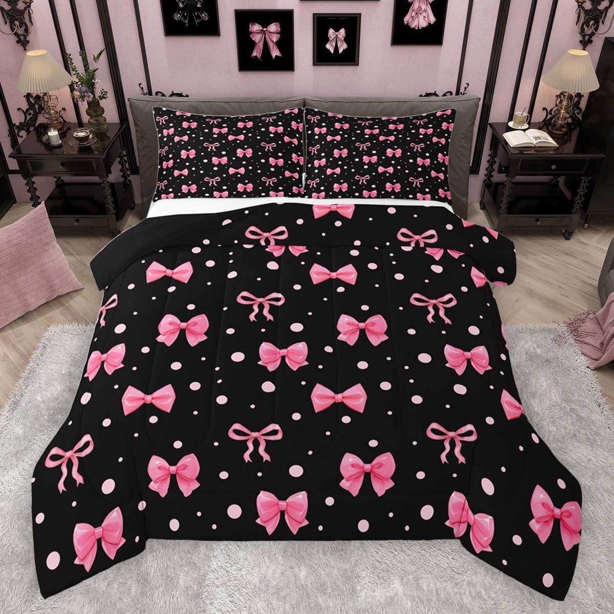 Castle Fairy Girls Kawaii Pink Ribbon Bowknot Full Size Comforter Sets ...