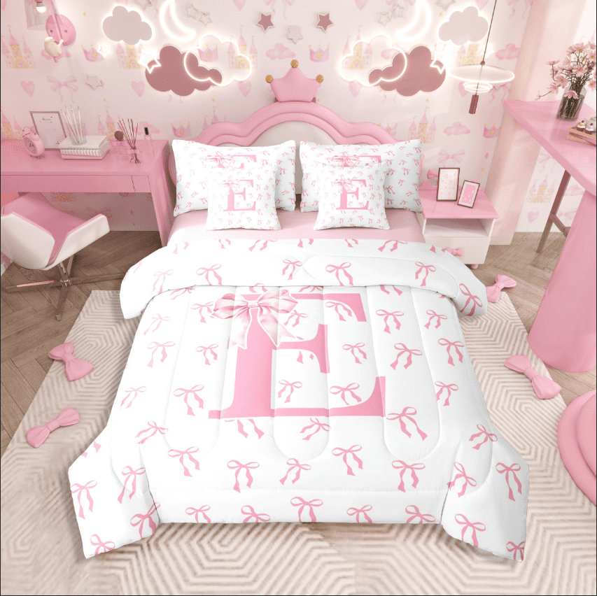 Castle Fairy Girls Monogrammed Letter 7pcs Bedding Comforter Set,Pink ...