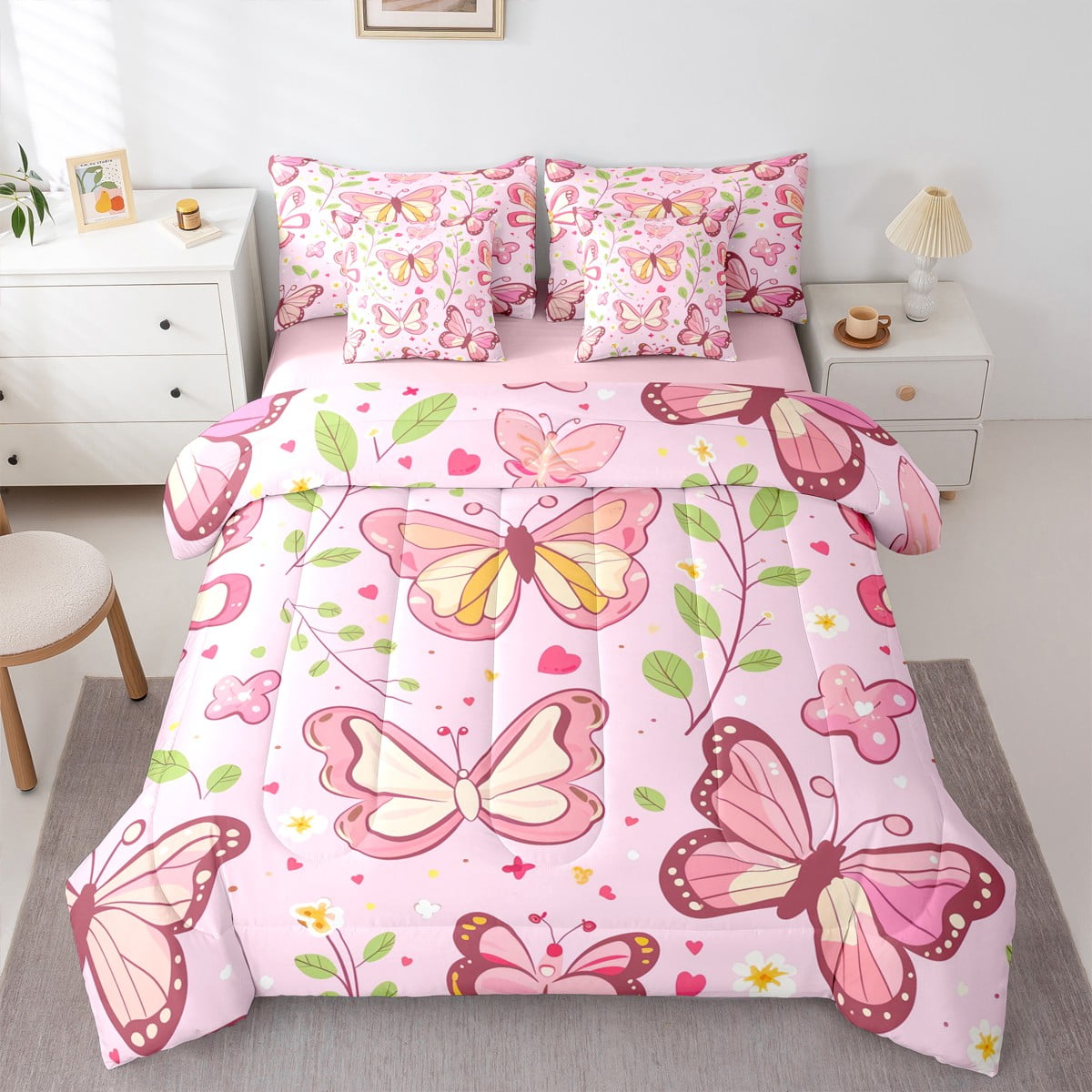 Castle Fairy Girls Pink Butterfly 7-Piece Twin Bedding Sets,Chic Flower ...