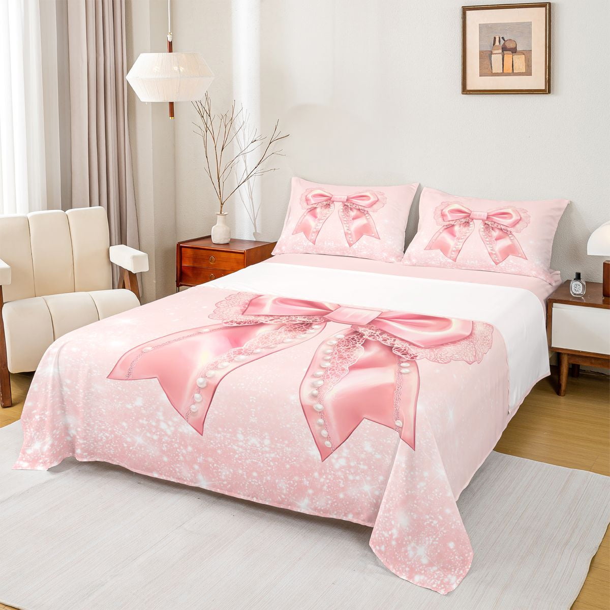 Castle Fairy Girls Pink Ribbon Bowknot Twin Sheet Sets,Dreamy Pearl ...