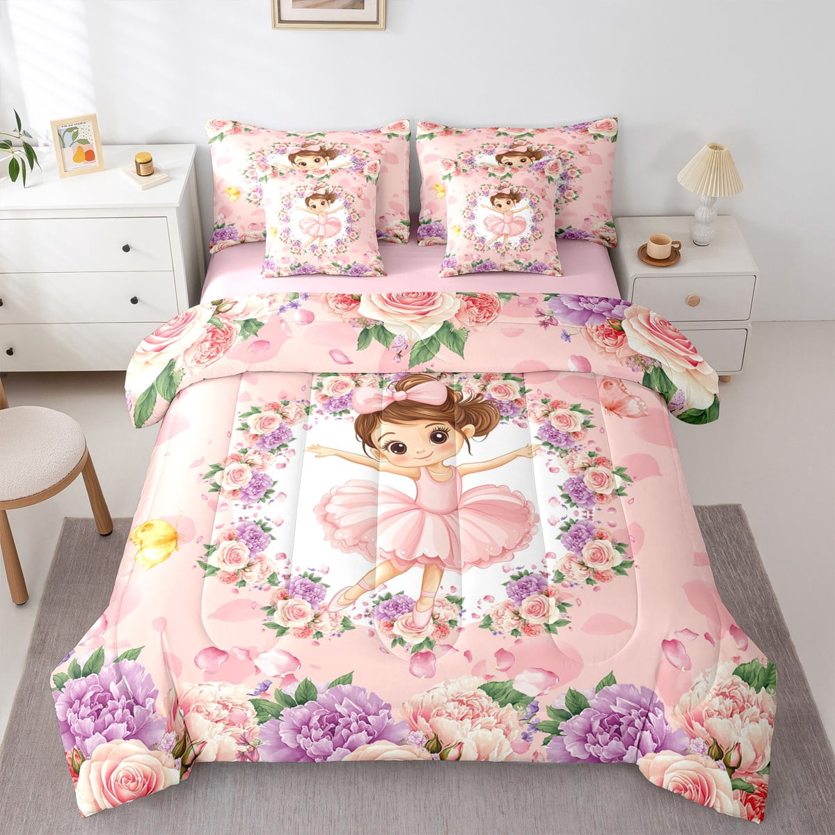 Castle Fairy Girly Flower Rose 7Pcs Bedding Comforter Set,Ballet Girl ...