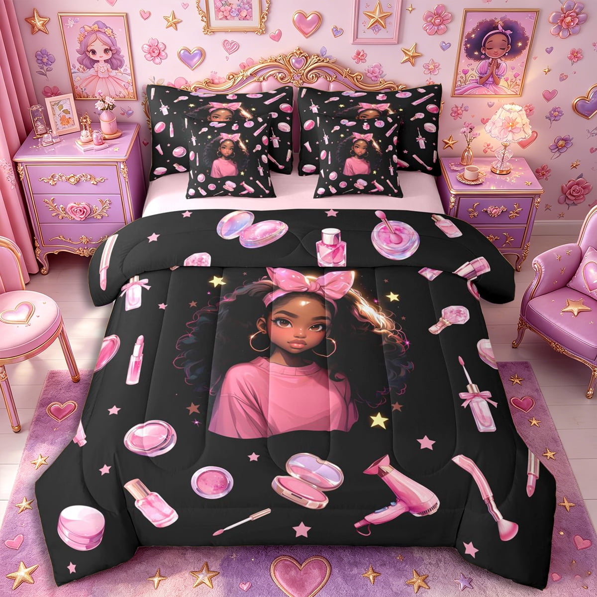 Castle Fairy Glam Black Girl Queen Bedding 7pcs,Stars Print Bedding ...