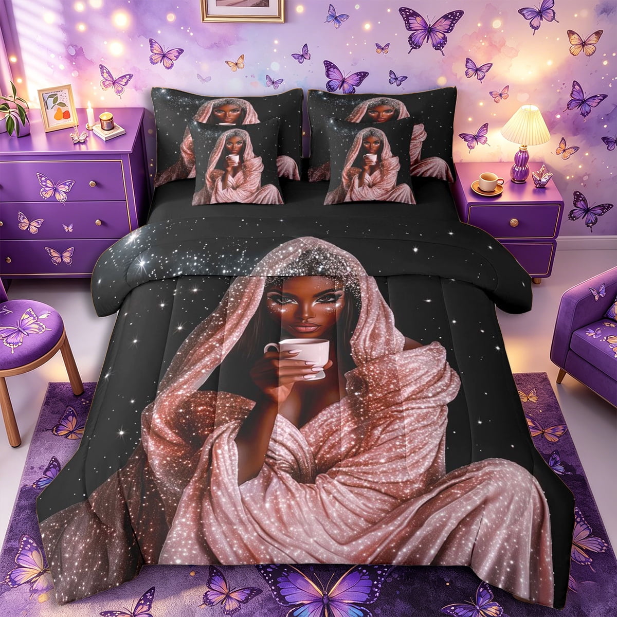 Castle Fairy Glam Black Woman King Bedding 7pcs,Stars Print King Bed in ...