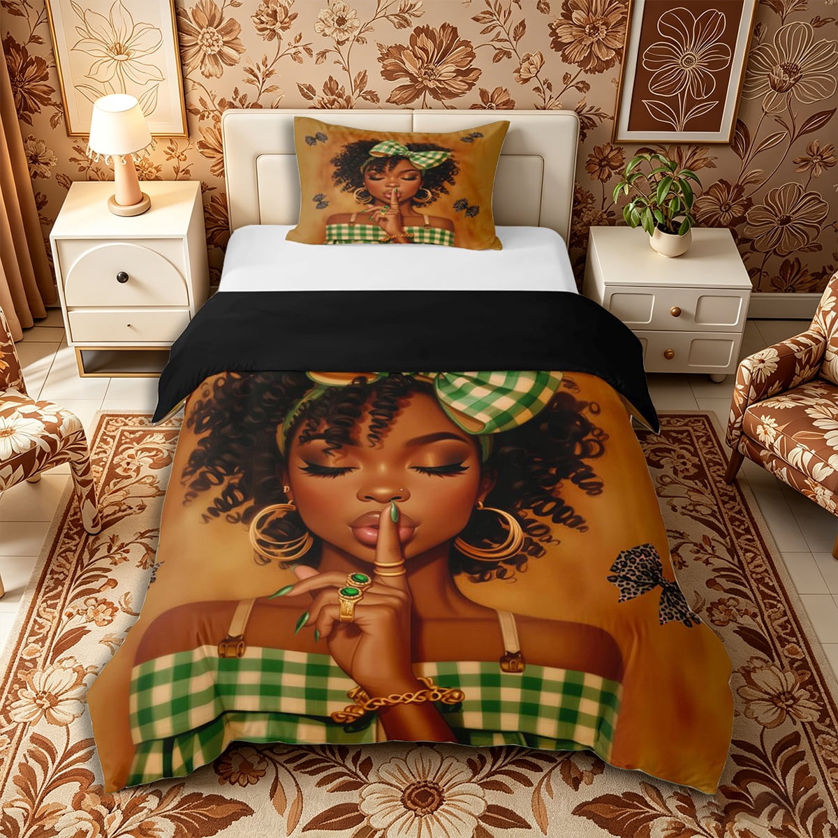 Castle Fairy Glam Black Woman Twin Duvet Cover,Gingham Bow Print Twin ...