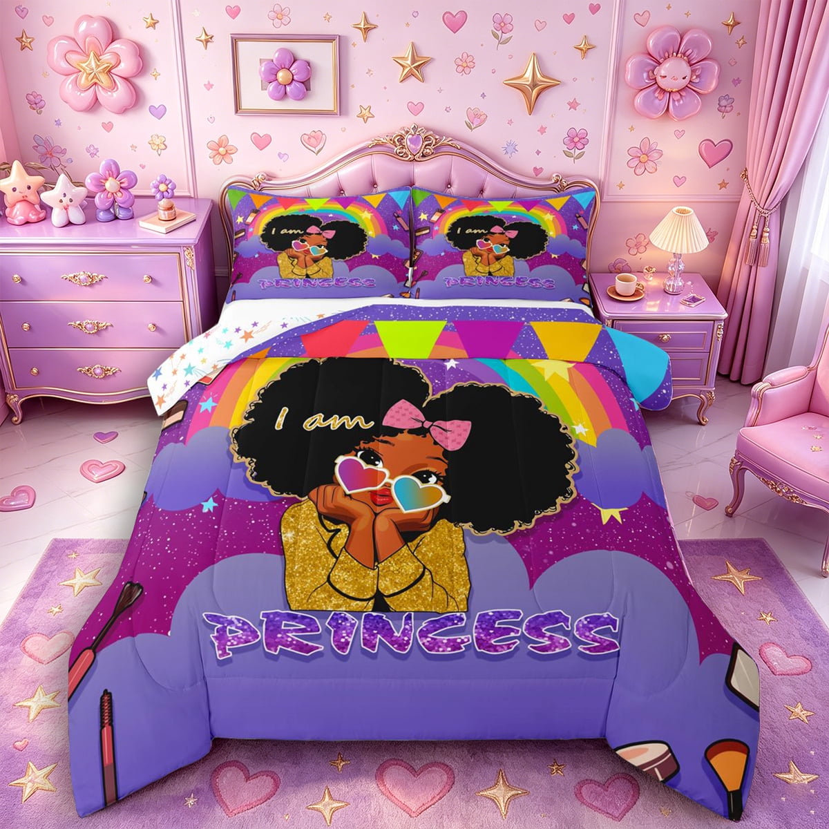 Castle Fairy Glam Princess Queen Comforter Set 3 Pieces,Rainbow Glitter ...