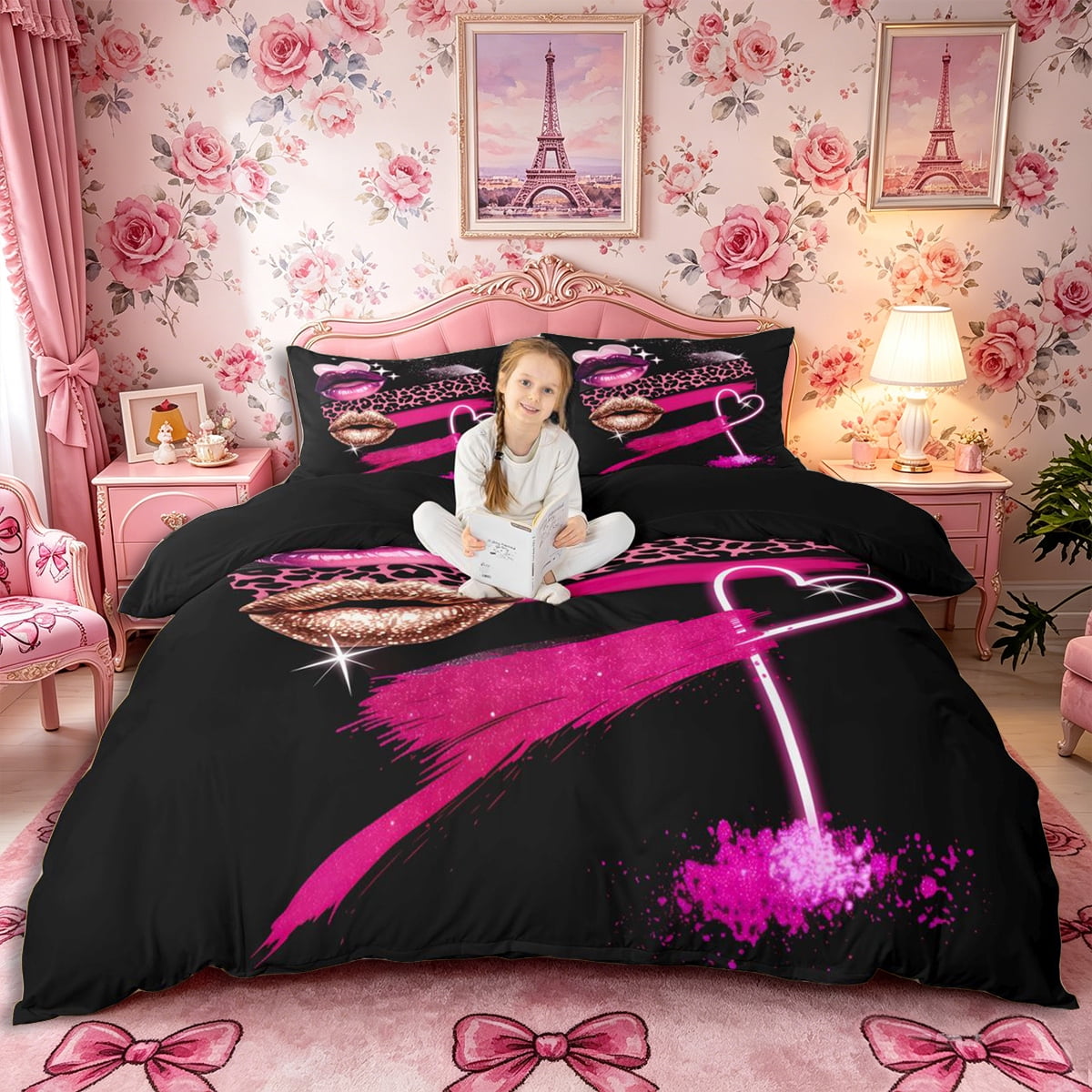 Castle Fairy Glam Print Bedding,Lipstick Leopard Pattern Duvet Cover ...