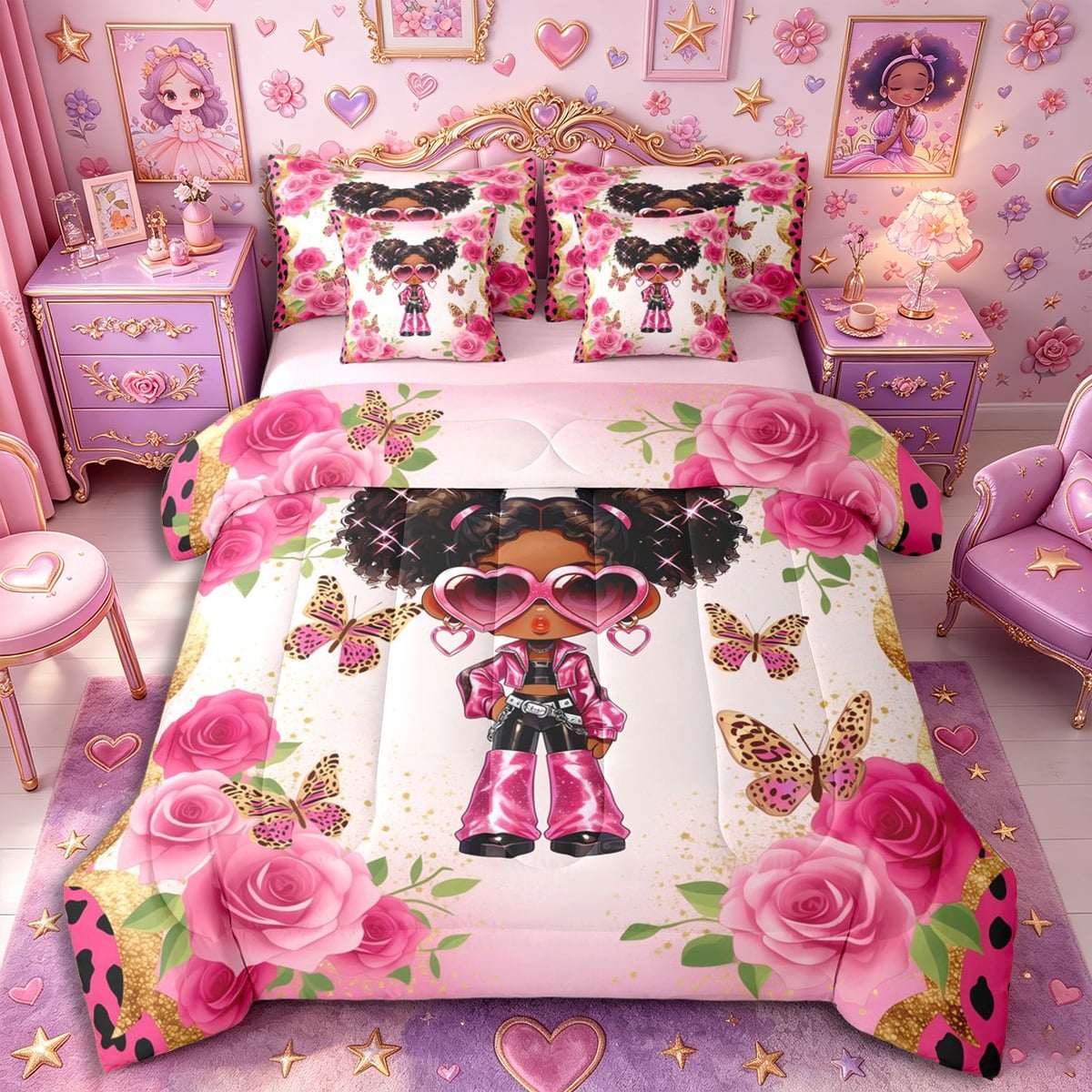 Castle Fairy Glamorous Sweet Afro Girl Full Size Bedding Sets 7 Pieces ...