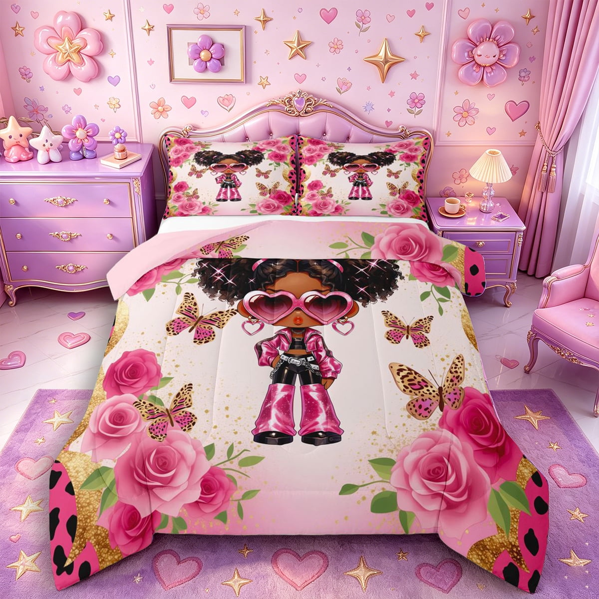 Castle Fairy Glamorous Sweet Afro Girl Queen Comforter Set 3 Pieces ...