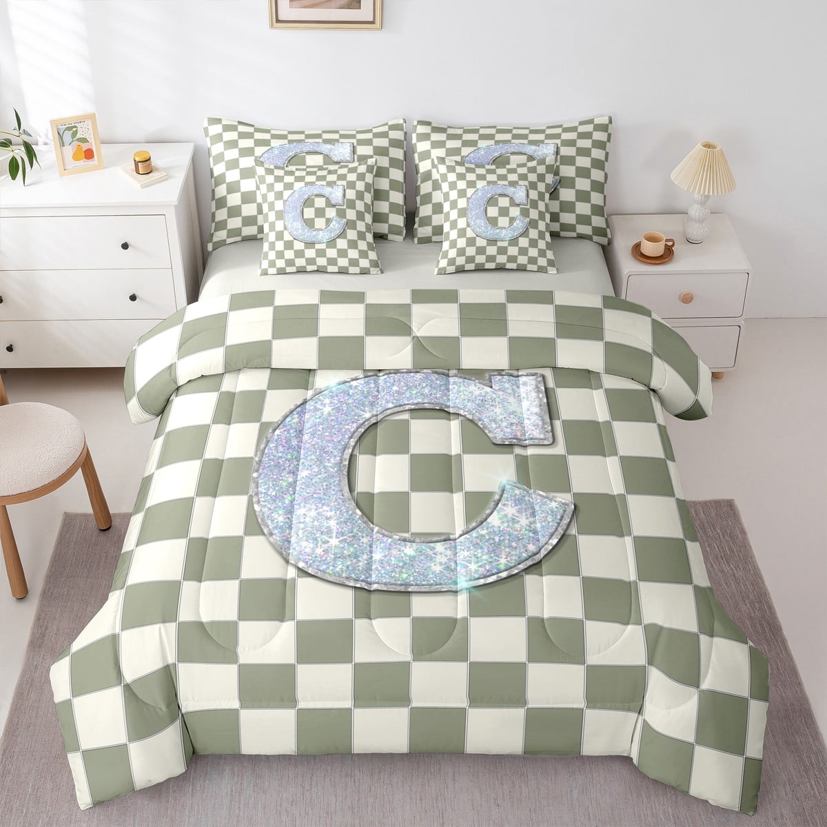 Castle Fairy Glitter Alphabet C Girl 7-Piece Bedding Comforter Set,Geometric Grid King Bedding ...