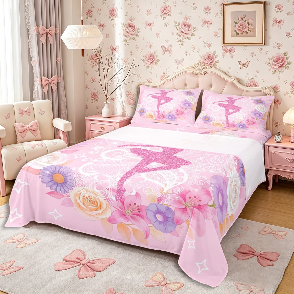 Castle Fairy Glitter Ballet Girl Queen Sheets 4 Pieces,Romantic Floral ...