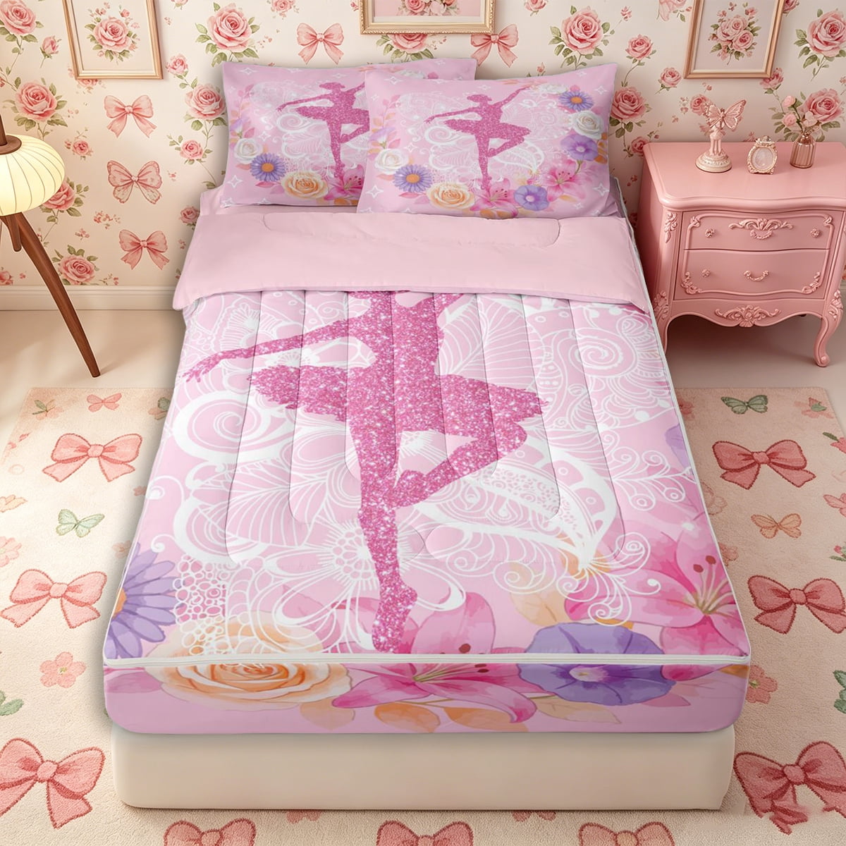 Castle Fairy Glitter Ballet Girl Zipper Twin Comforter Sets with Fitted ...