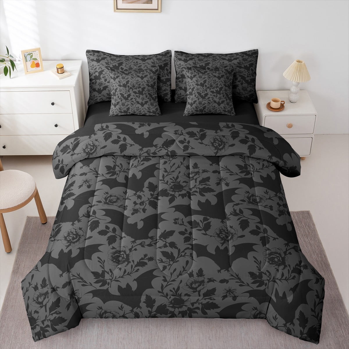 Castle Fairy Gothic Bats Bedding Comforter Set,Chic Floral Rose Queen ...