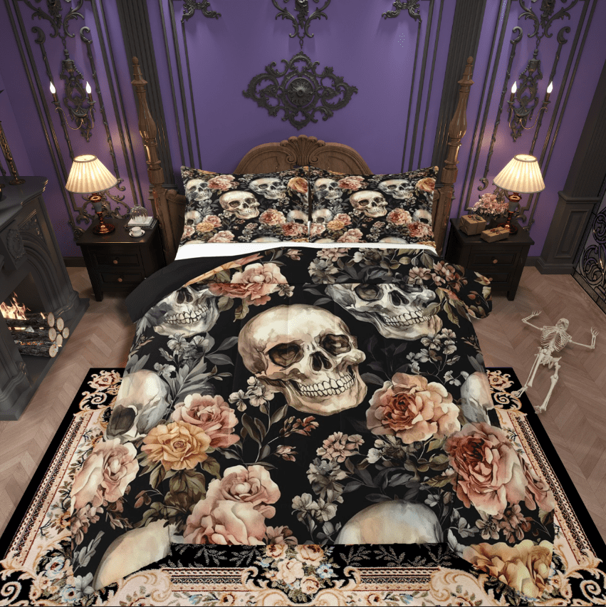 Castle Fairy Gothic Skull 3-Piece Full Size Comforter Sets,Chic Flower ...