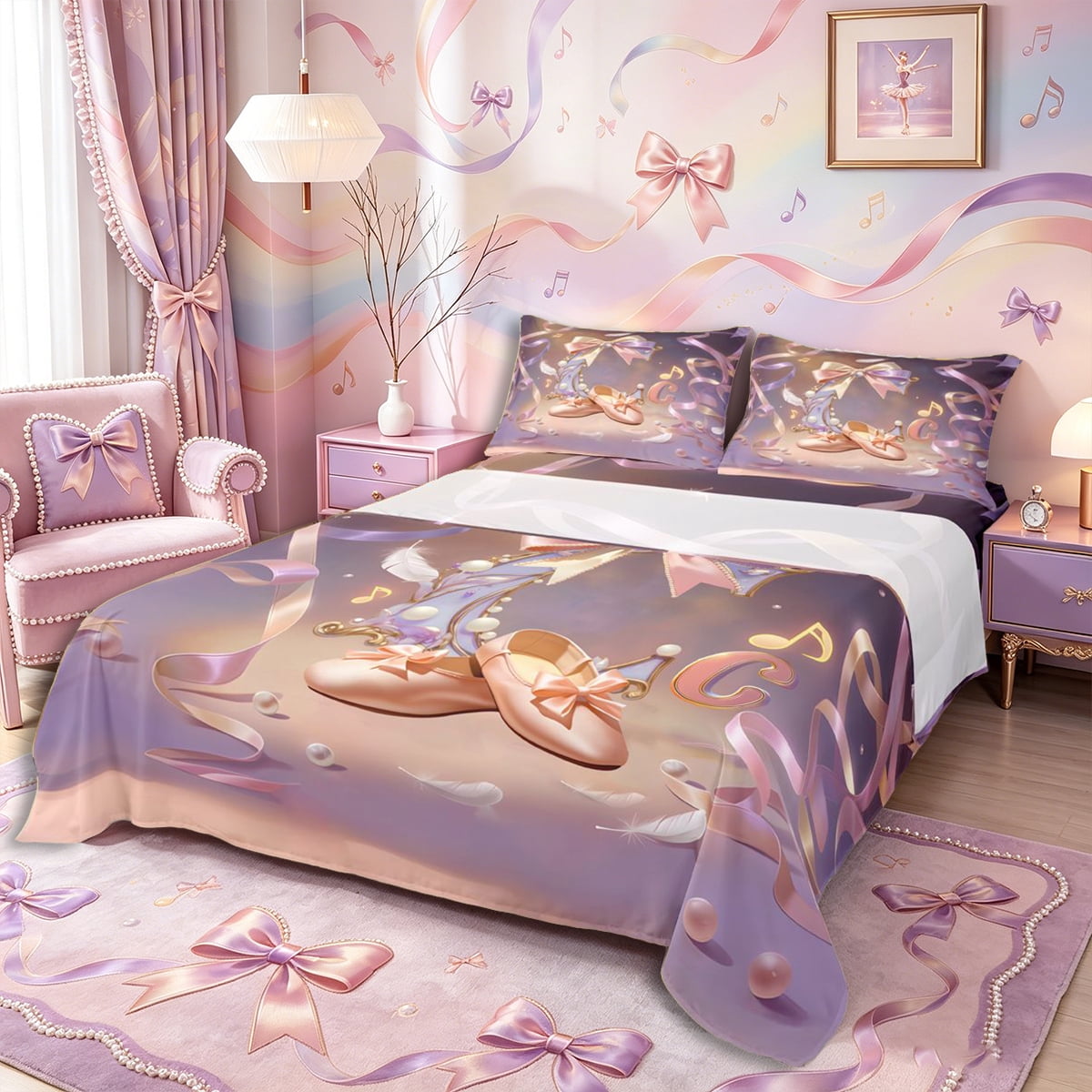 Castle Fairy Graceful Bow Letter C Queen Sheets 4 Pieces,Musical Note ...