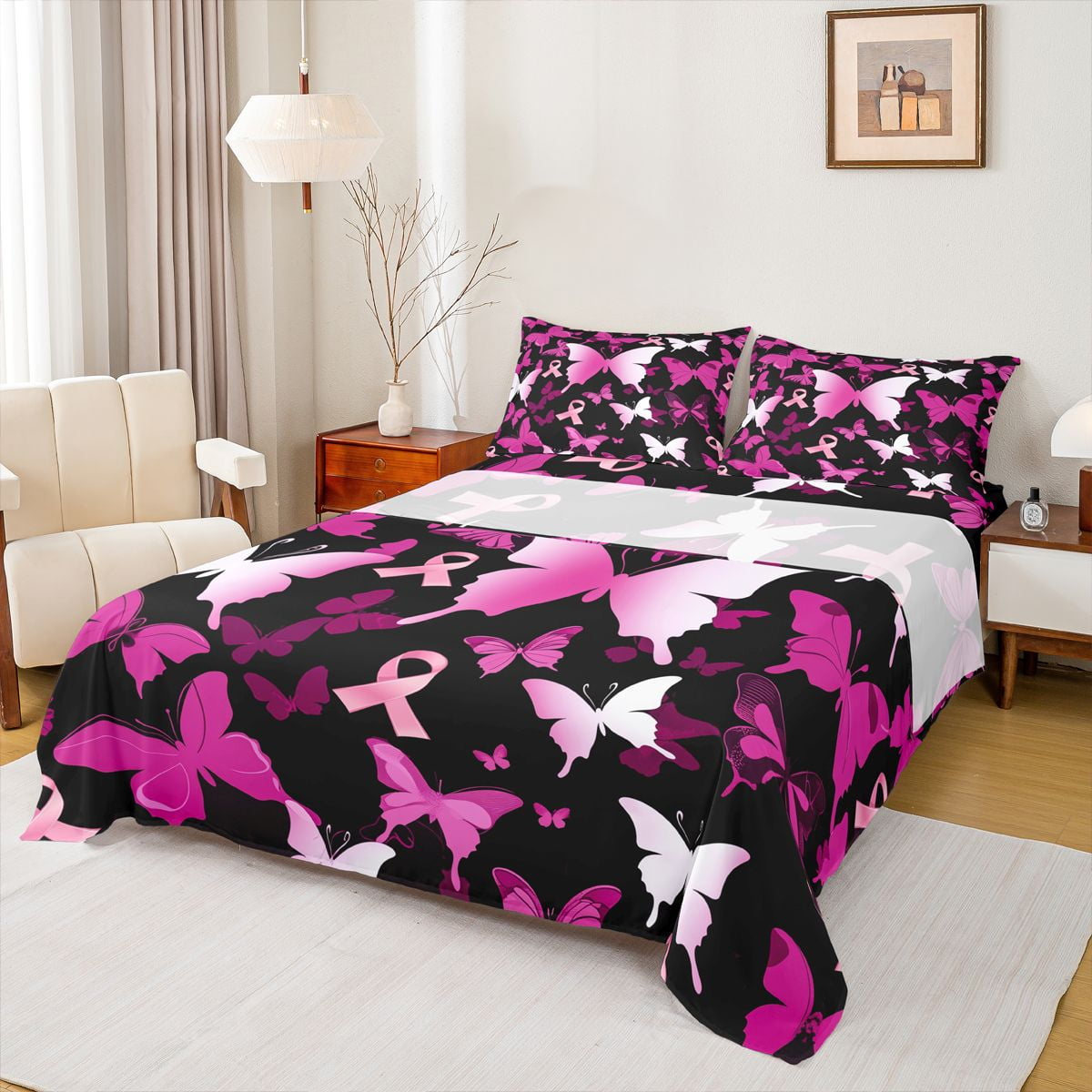 Castle Fairy Gradient Butterflies Pink Ribbon Girl King Size Bed Sheets ...