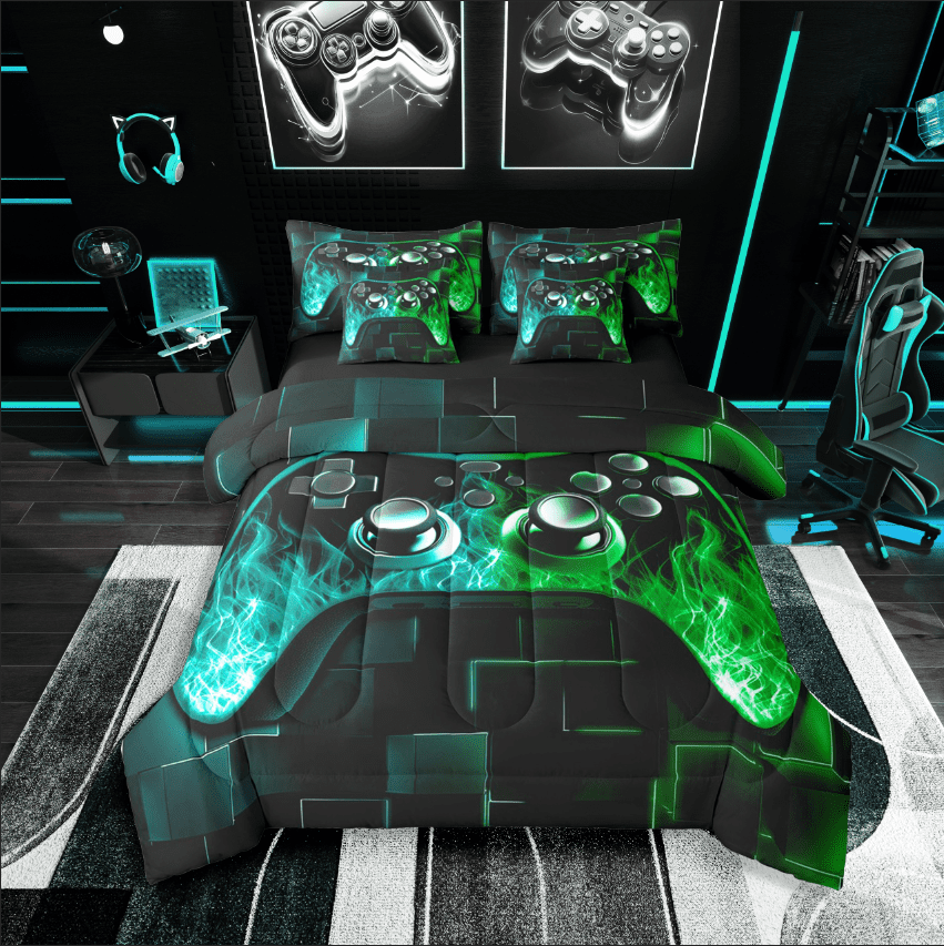 Castle Fairy Gradient Gamer Boy 7 Pieces Bedding Comforter Set,Abstract Gamepads Full Bedding ...