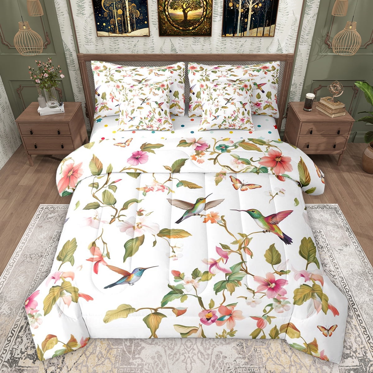 Castle Fairy Gradient Hummingbird Bedding Comforter Set,Vintage Flowers ...
