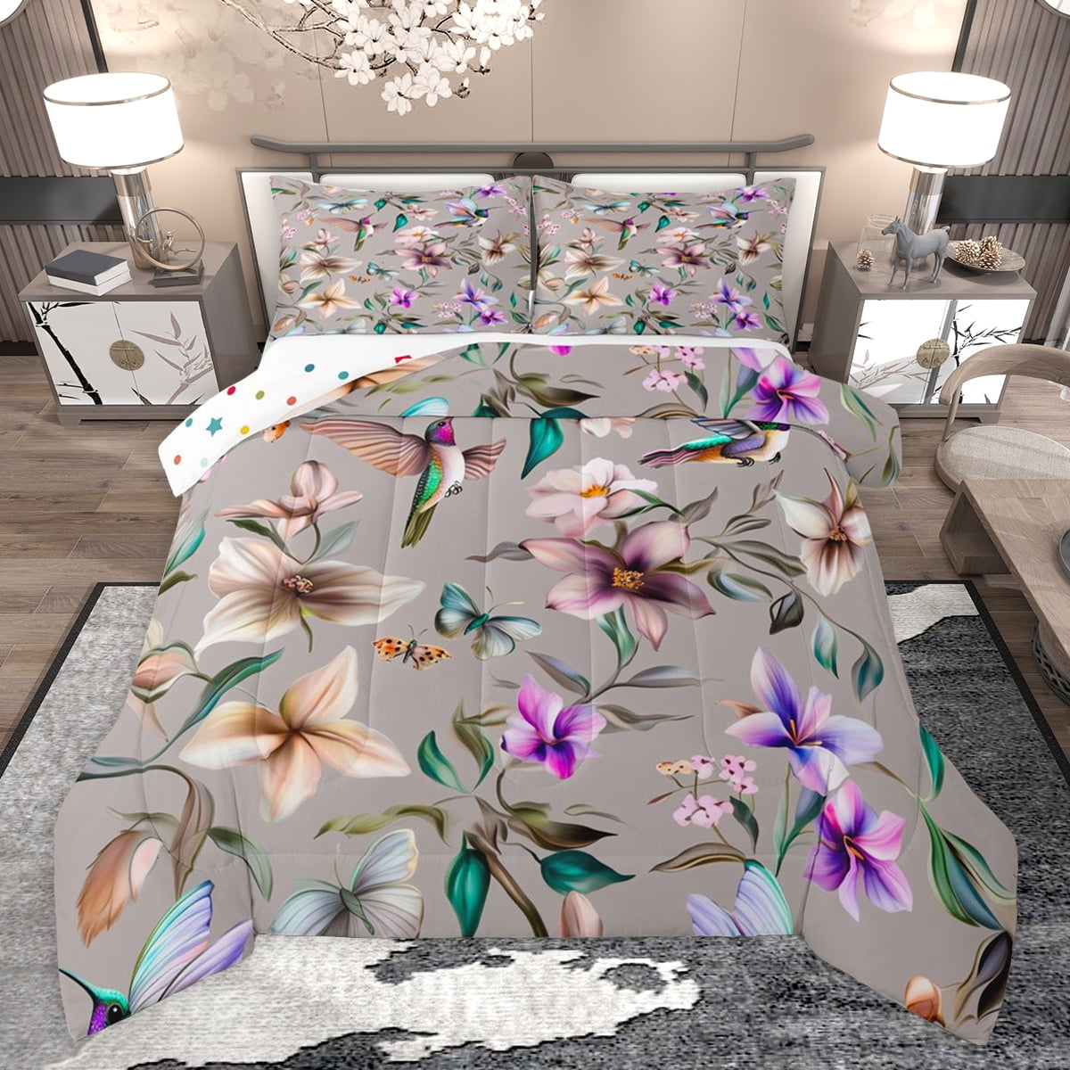 Castle Fairy Gradient Hummingbird Queen Comforter Set,Flowers Bedding ...