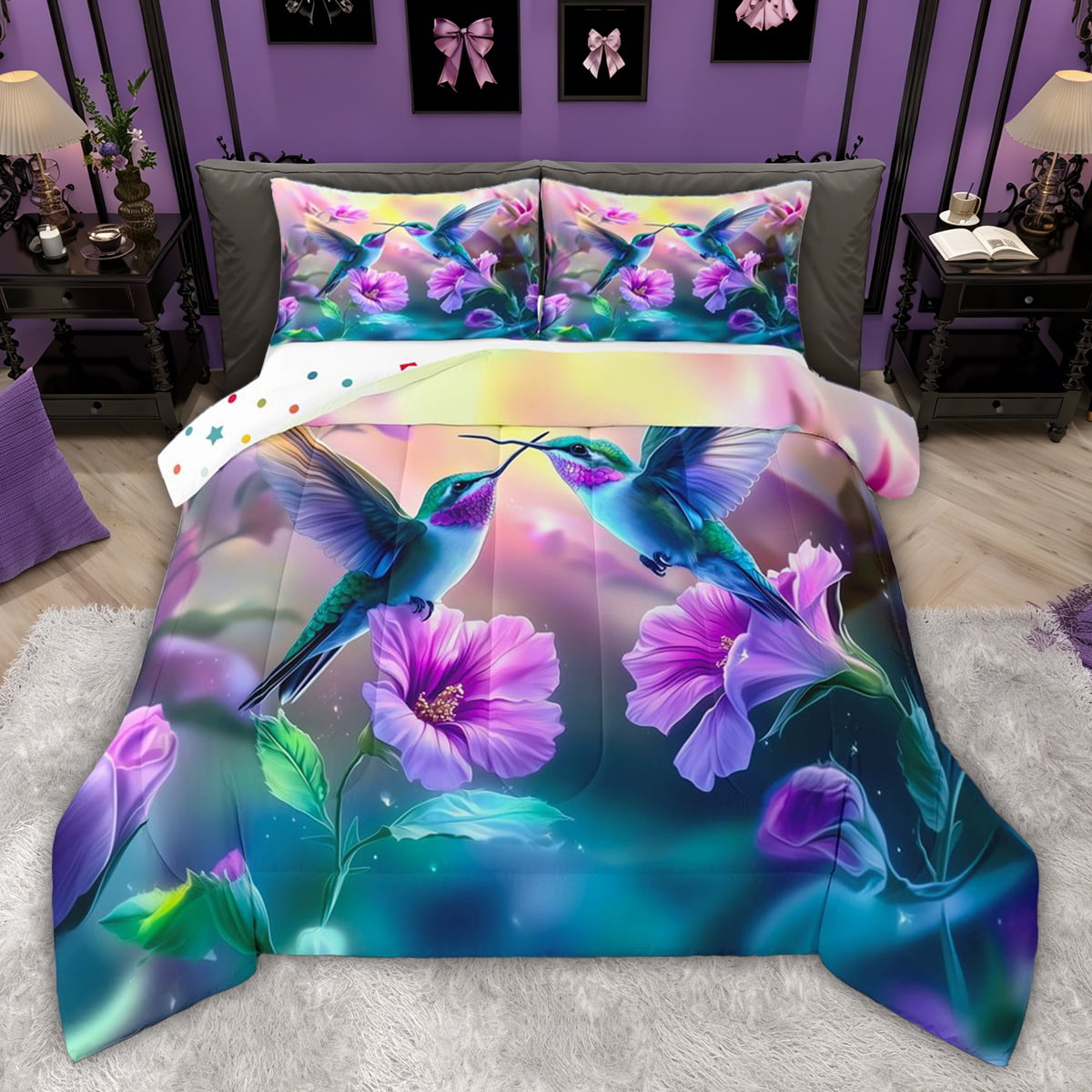 Castle Fairy Gradient Hummingbird Queen Comforter Set,Purple Flowers ...