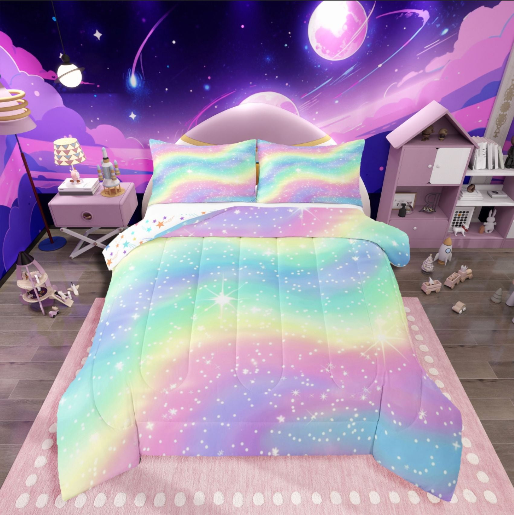 Castle Fairy Gradient Rainbow 3-Piece Full Size Comforter Sets,Starry ...