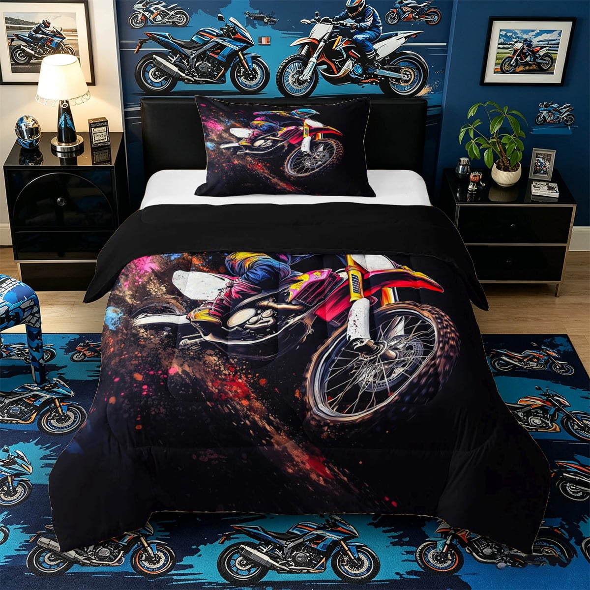 Castle Fairy Graffiti Dirt Bike Twin Comforter Sets 3-Piece for Teens ...
