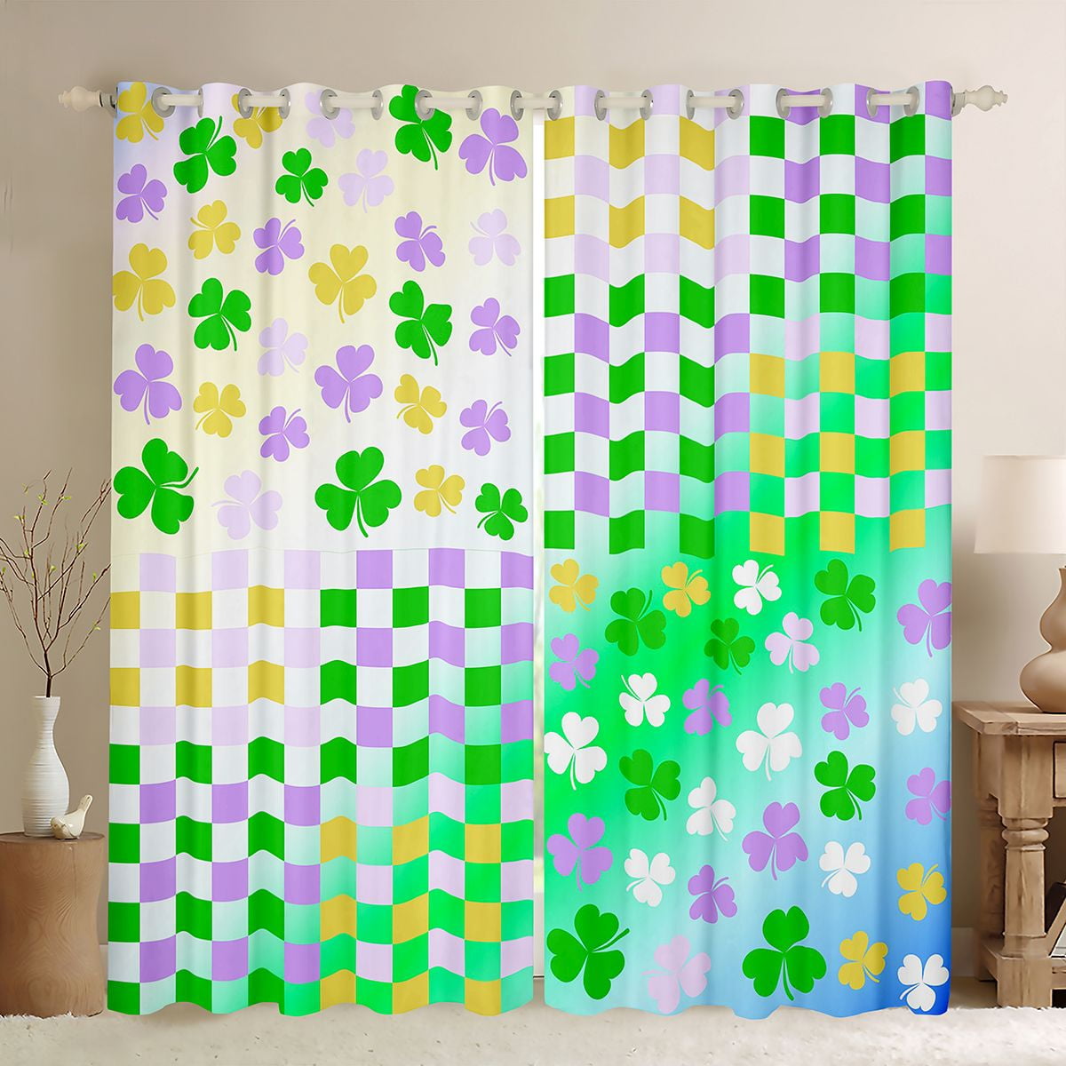 Castle Fairy Green Purple Yellow Checkered Blackout Curtains Set of 2 ...