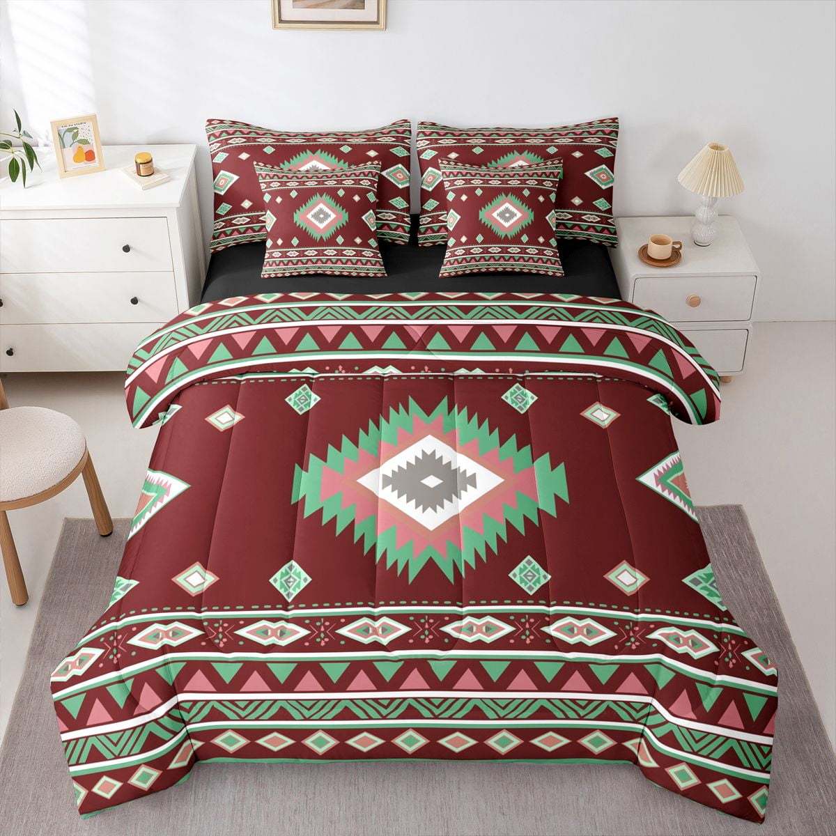 Castle Fairy Green Red Aztec Bedding Comforter Set,Bohemian Theme Full ...