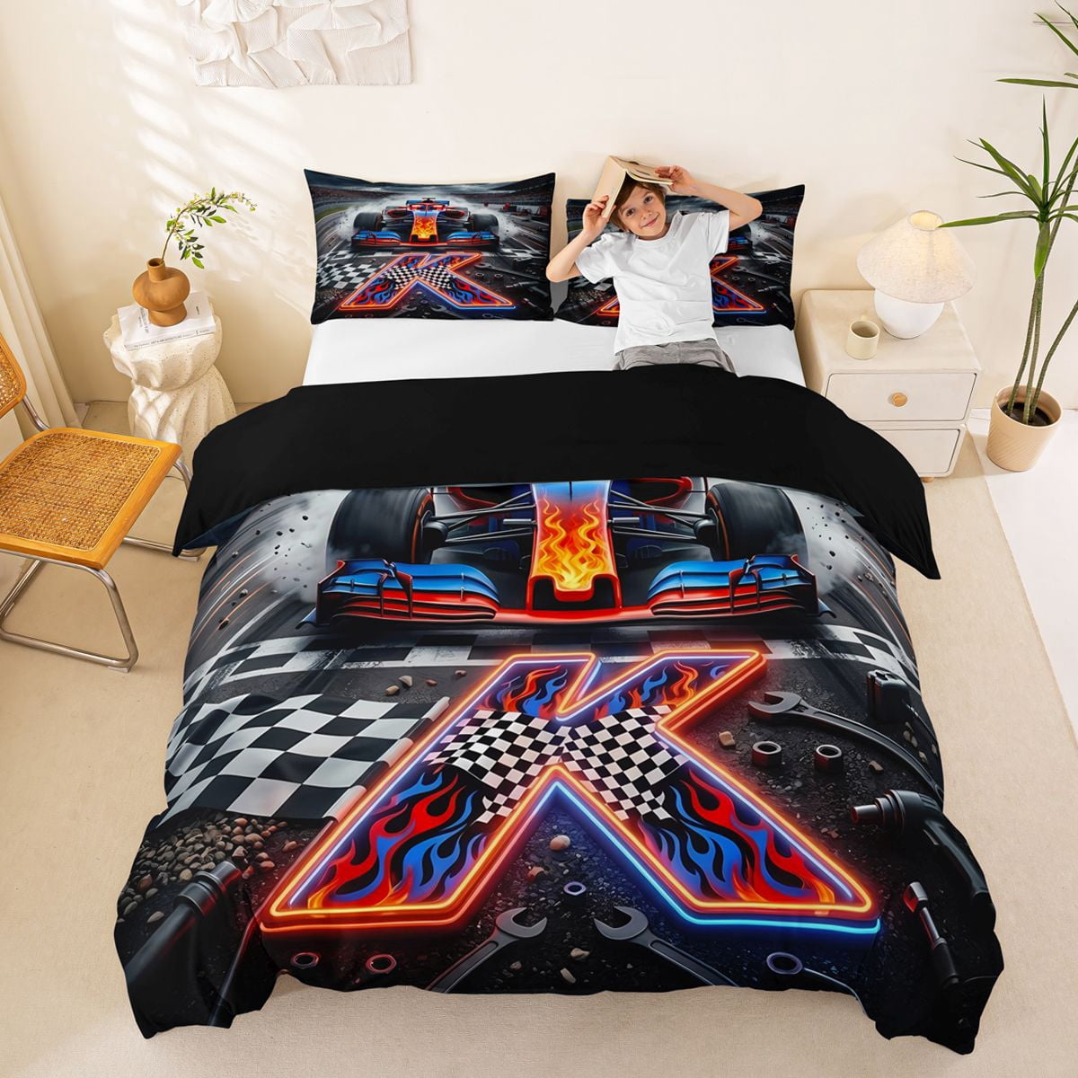 Castle Fairy Grunge Race Car Duvet Cover Set for Teens, Neon Letter K ...