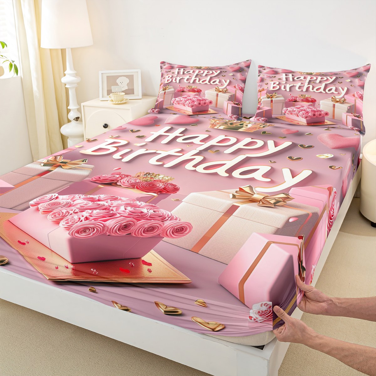 Castle Fairy Happy Birthday 4-Piece Full Size Sheets,Pink Rose Bed ...