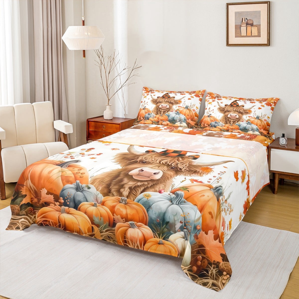 Castle Fairy Highland Cow 4-Piece Full Size Sheets,Botanical Pumpkin ...