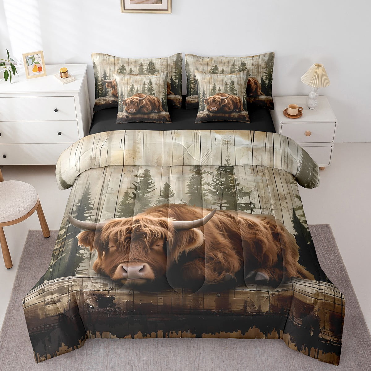 Castle Fairy Highland Cow Bedding Comforter Set for Female Men,Abstract ...