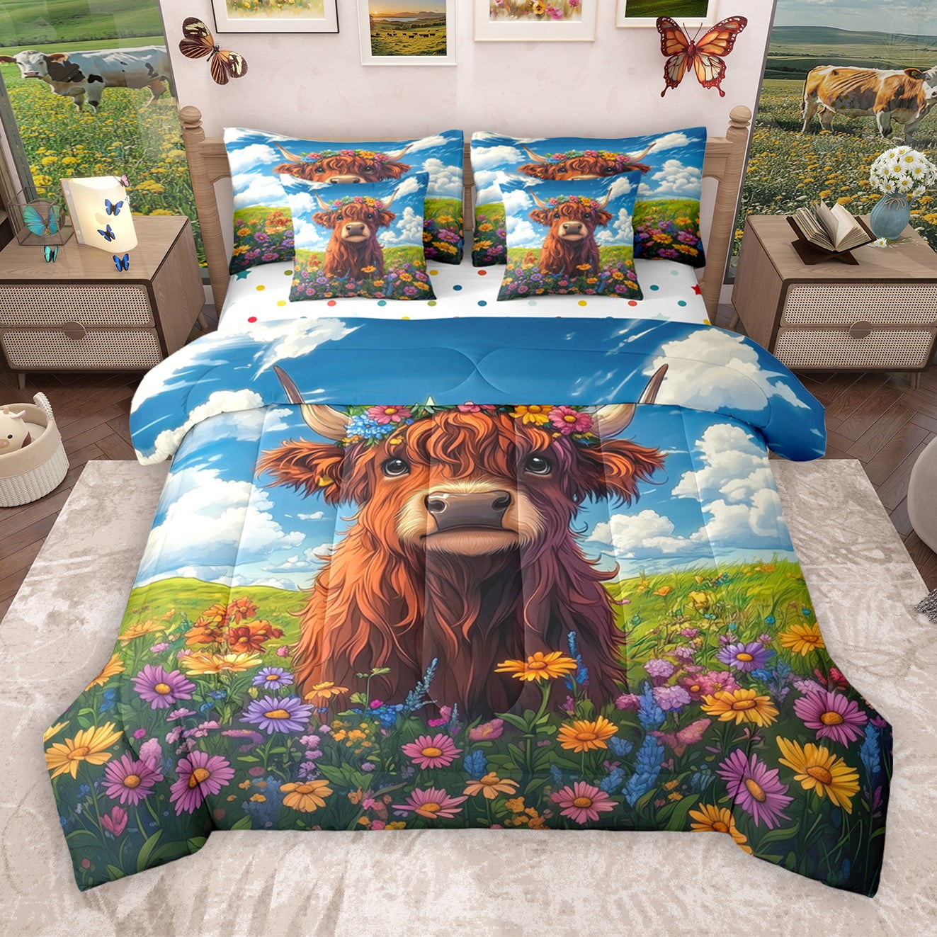 Castle Fairy Highland Cow Girl Boy 7Pcs Bedding Comforter Set,Chic ...