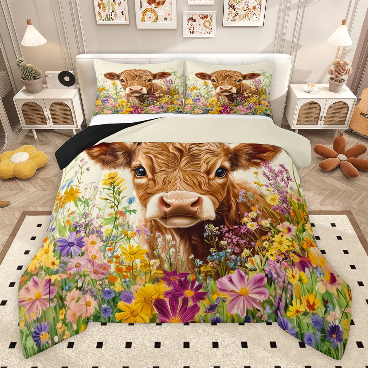 Castle Fairy Highland Cow Queen Comforter Set,Colorful Flowers Bedding ...