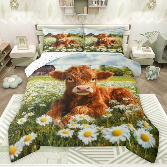 Castle Fairy Highland Cow Queen Comforter Set,Floral Daisy Bedding ...