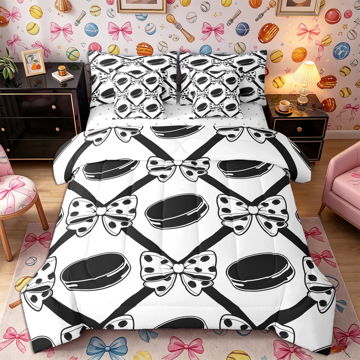 Castle Fairy Hockey Print Bow King Bedding 7pcs, Minimalism Grid King ...