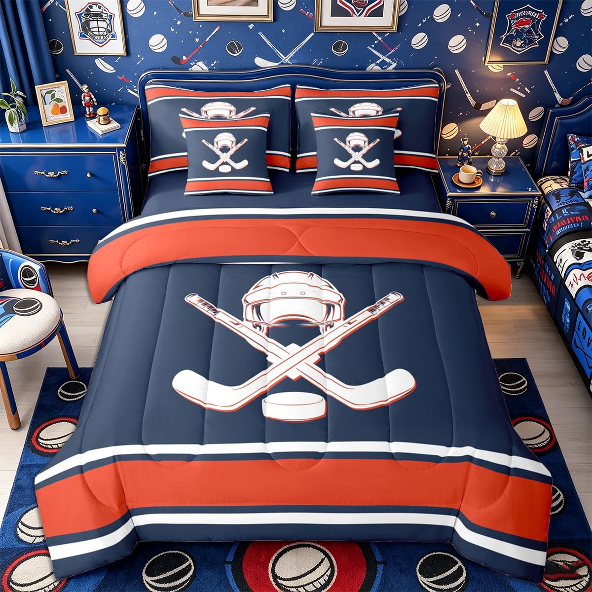 Castle Fairy Hockey Print Twin Bedding 7-Piece, Sport Theme Stripes ...