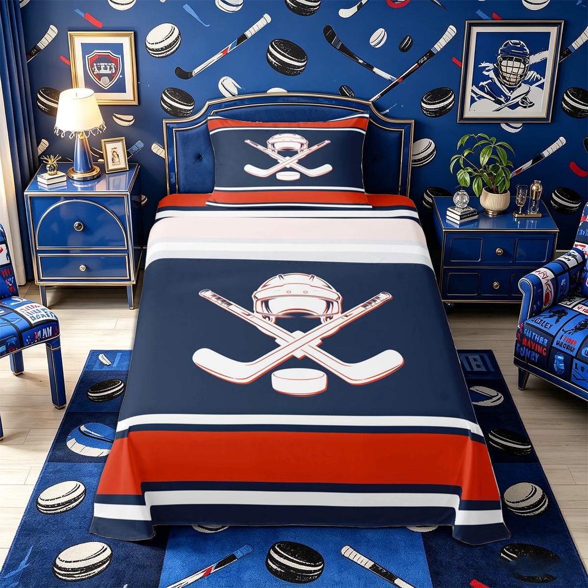 Castle Fairy Hockey Print Twin Sheets 3pcs, Sport Theme Stripes Bedding ...
